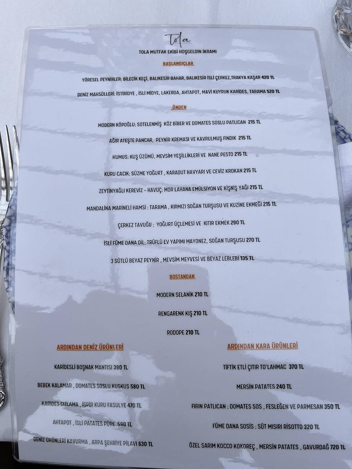 Menu at Tola Restaurant, Bursa