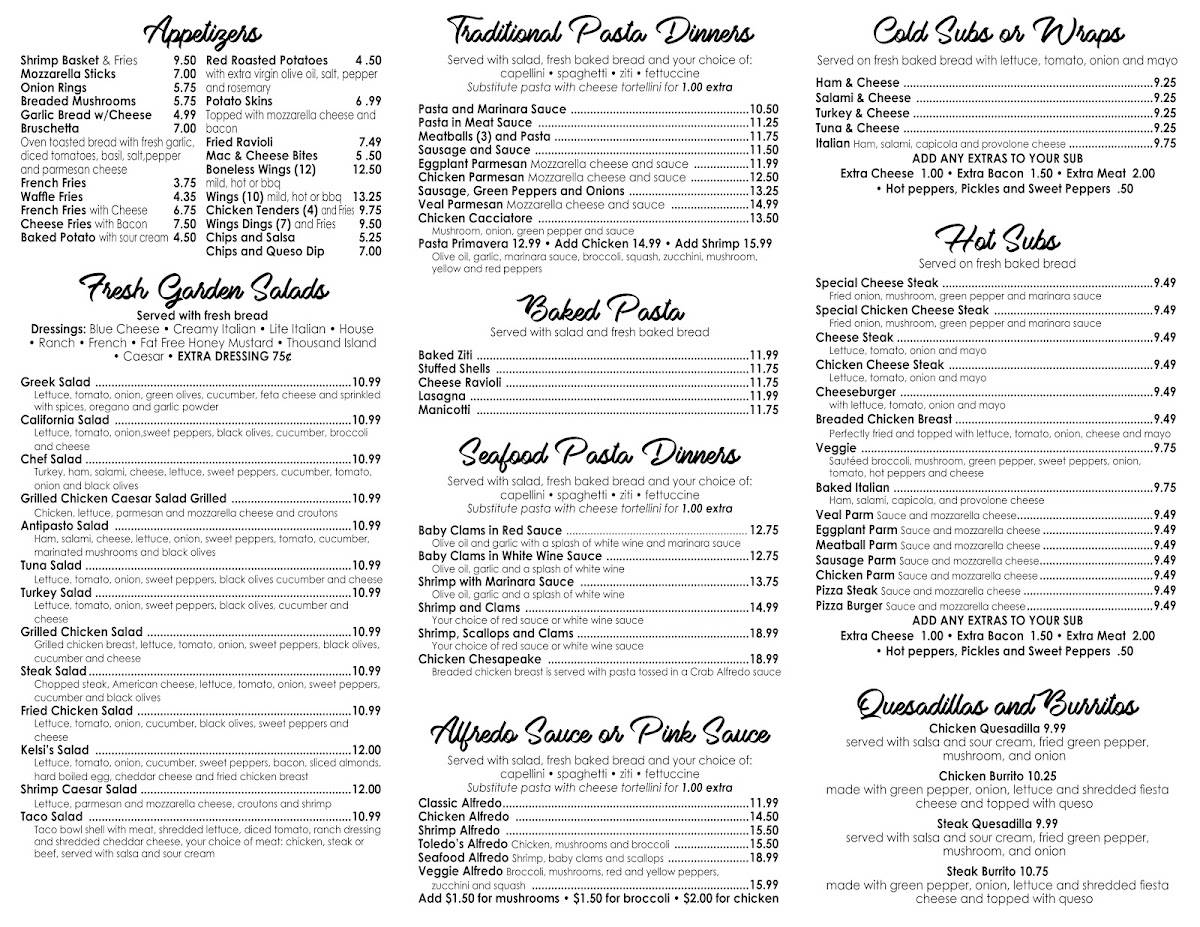Menu at Toledo’s II Pizza restaurant, Fort Loudon