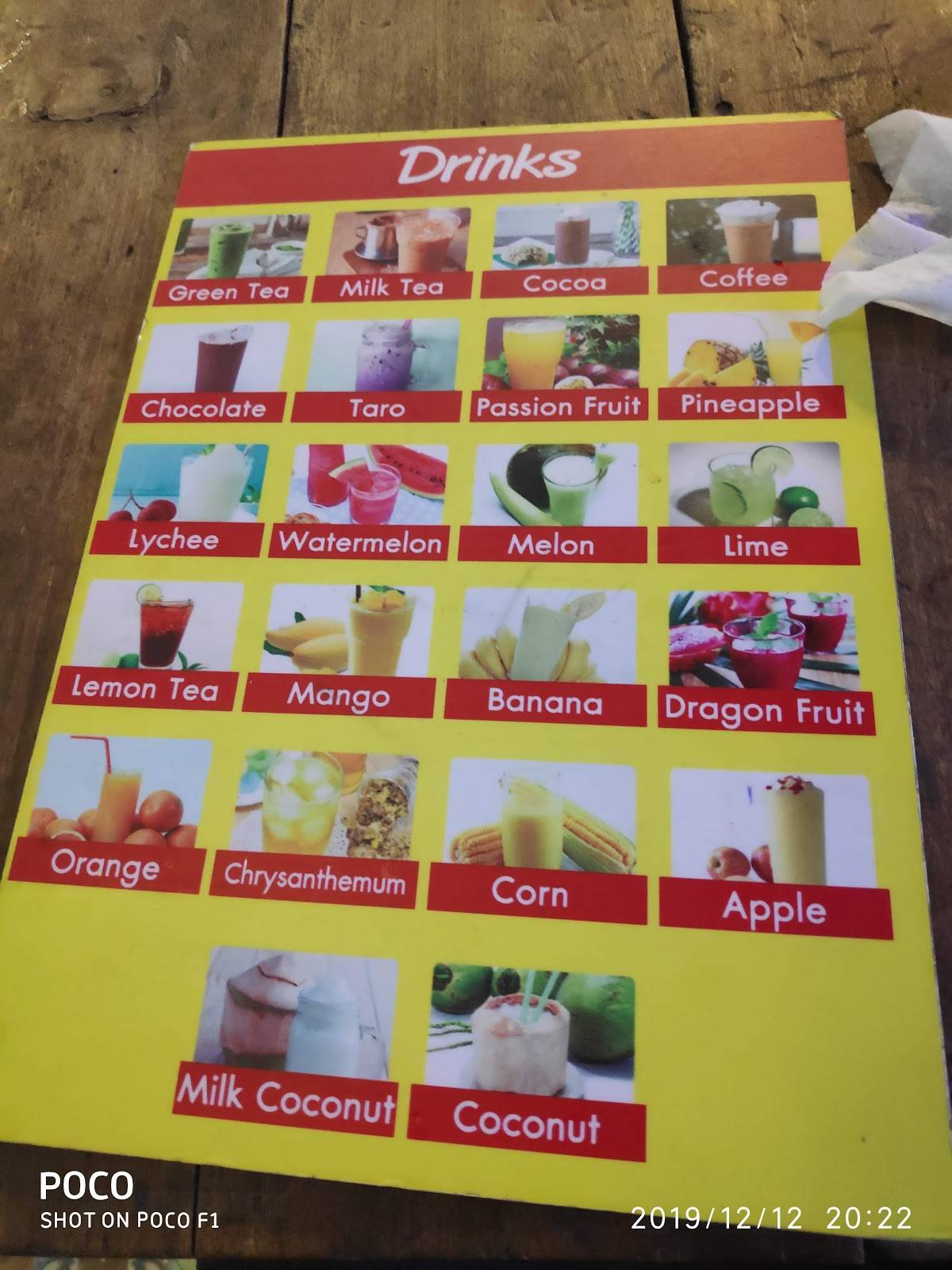 Menu at Tom Yam Pa'anga restaurant, Bangkok