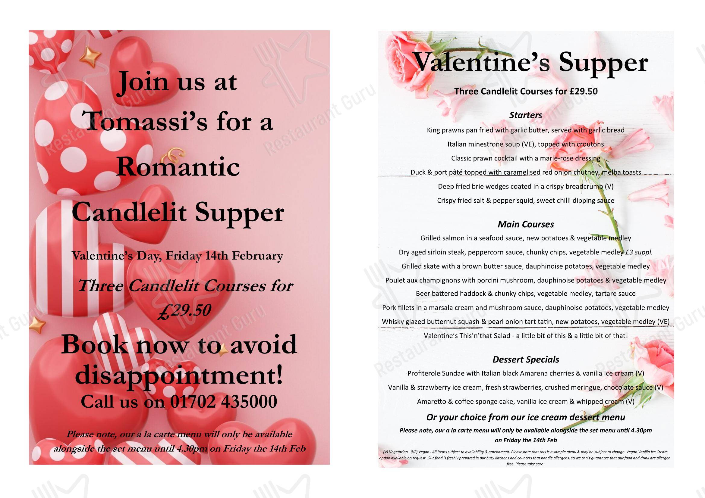 Menu at Tomassi's cafe, Southend-on-Sea