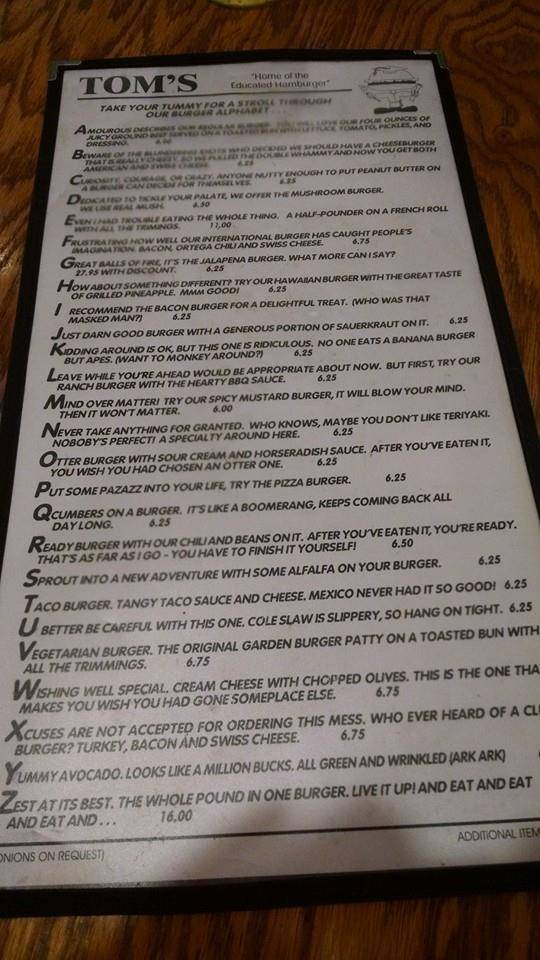 Menu at Tom's restaurant, Lompoc, 115 E College Ave #13