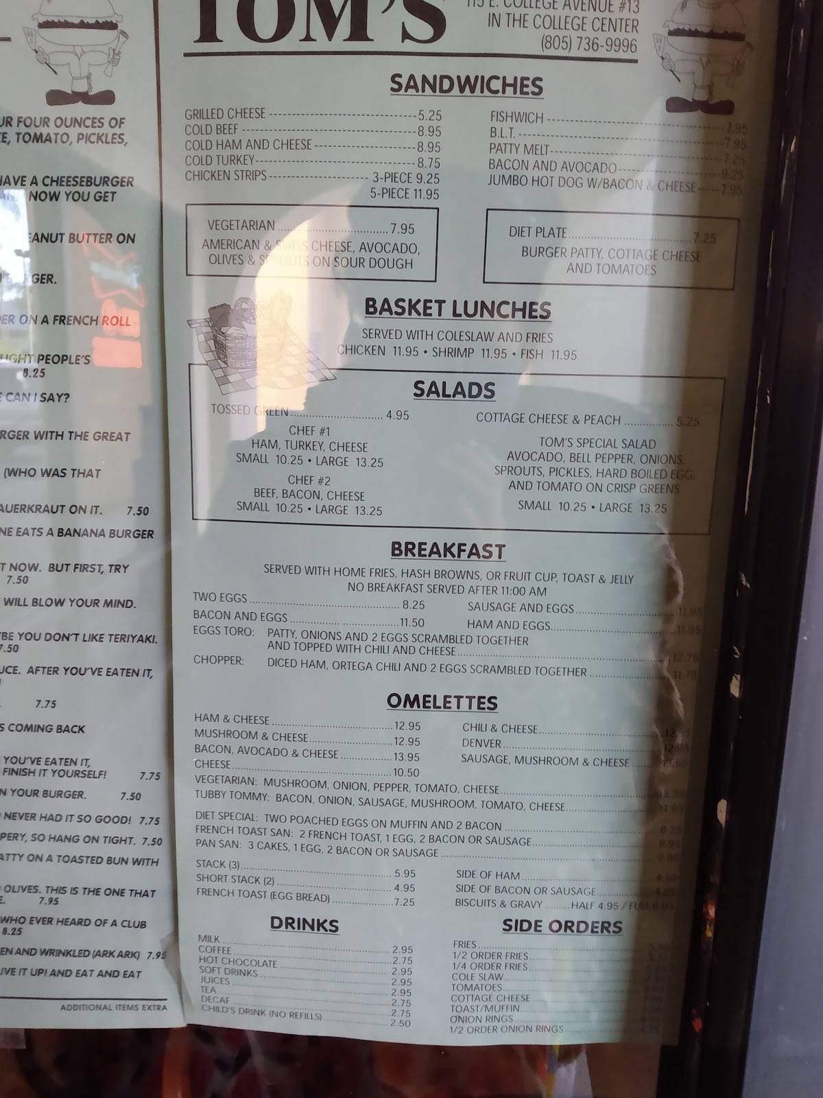 Menu at Tom's restaurant, Lompoc, 115 E College Ave #13