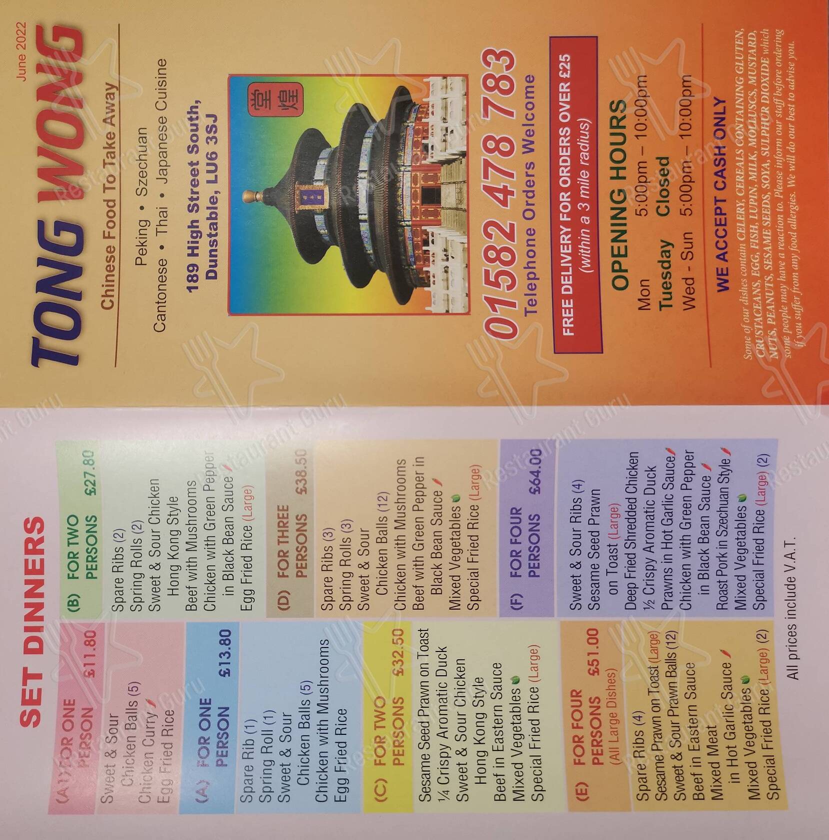 Menu at Tong Wong fast food, Dunstable, 189 High St S