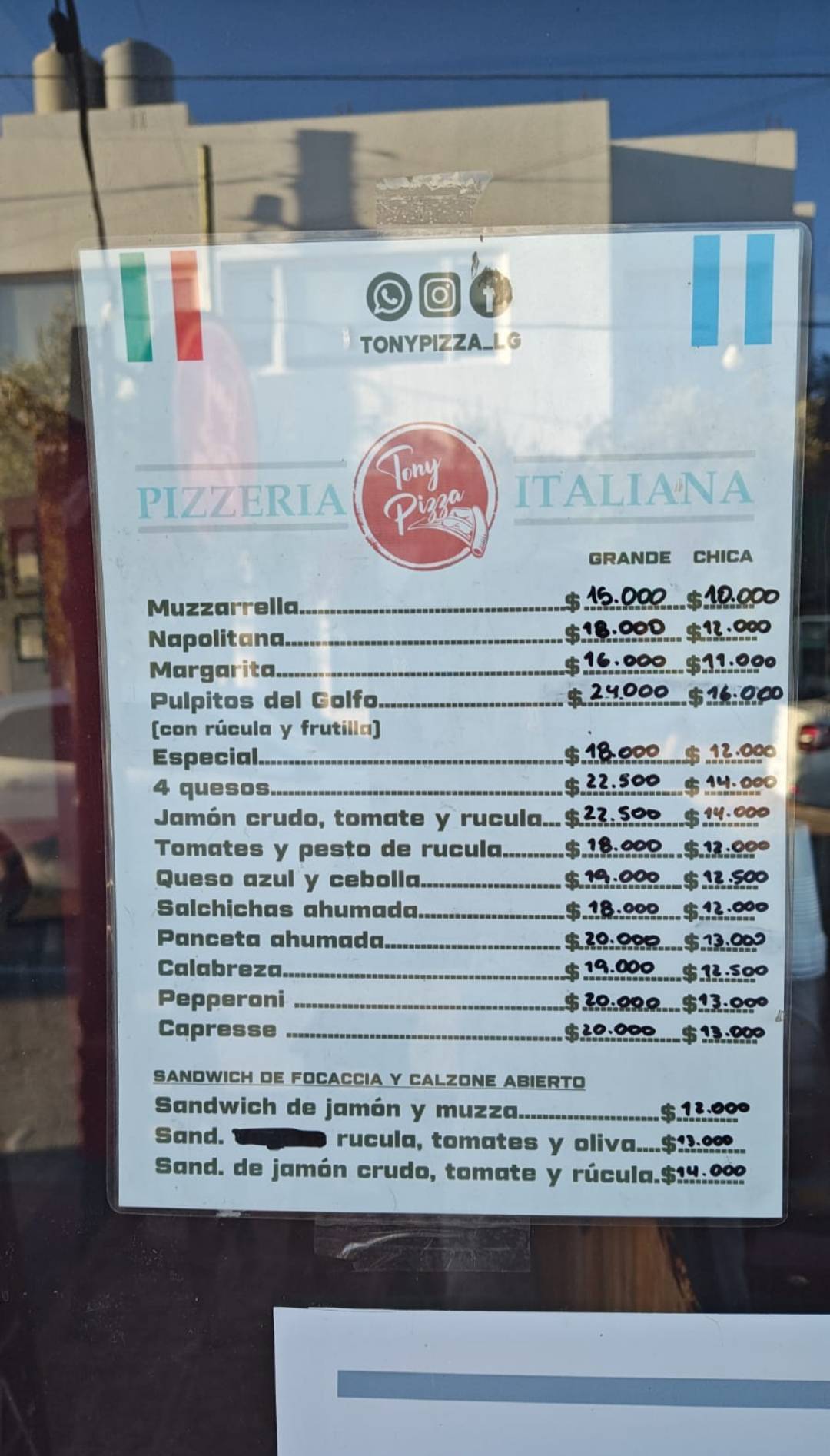 Carta del restaurante Toni pizza, Las Grutas
