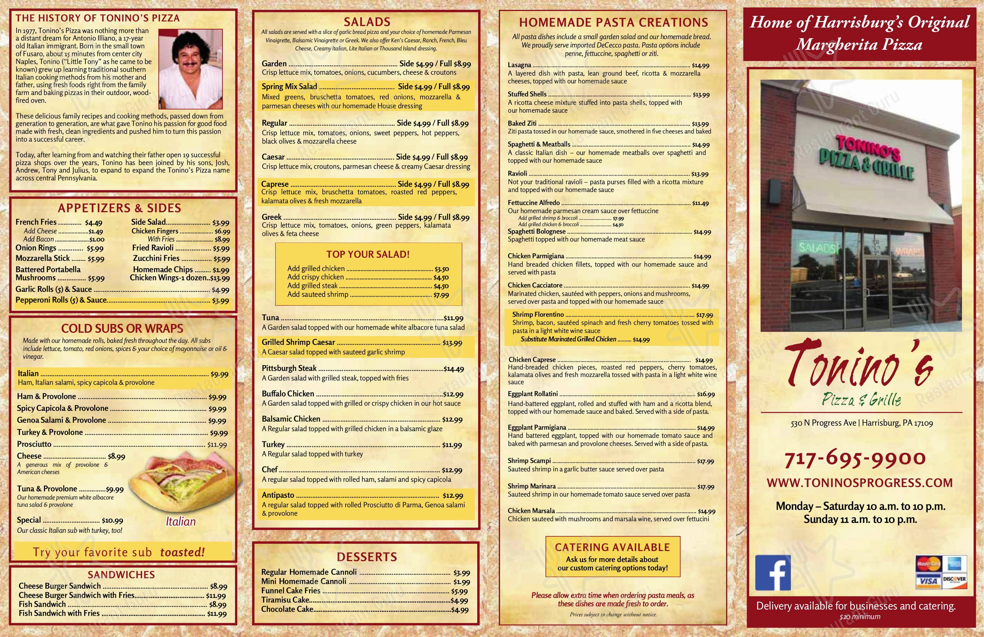 Menu at Tonino's Pizza & Grille pizzeria, Harrisburg