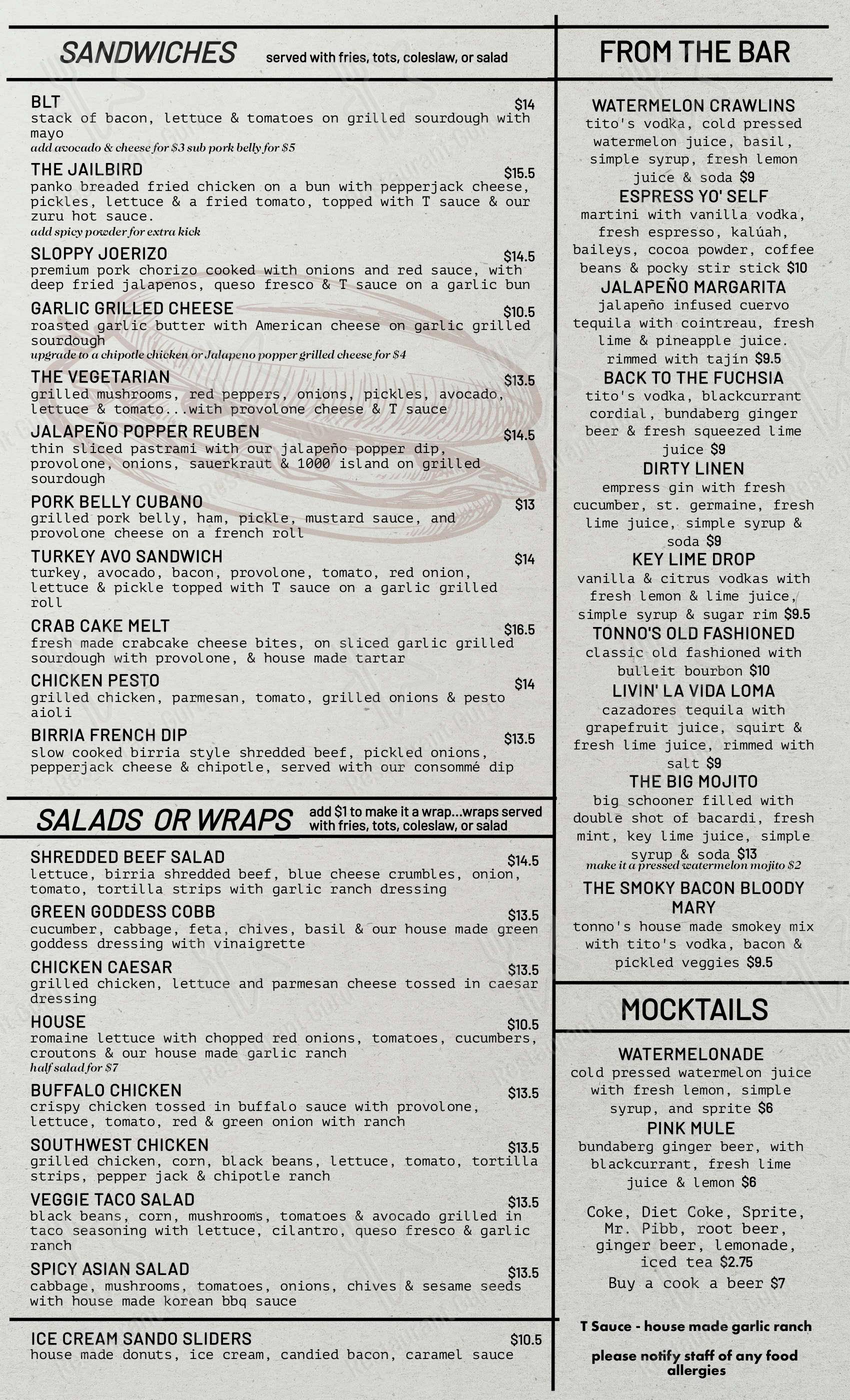 Menu at Tonno's Sports Bar & Grill, Orangevale
