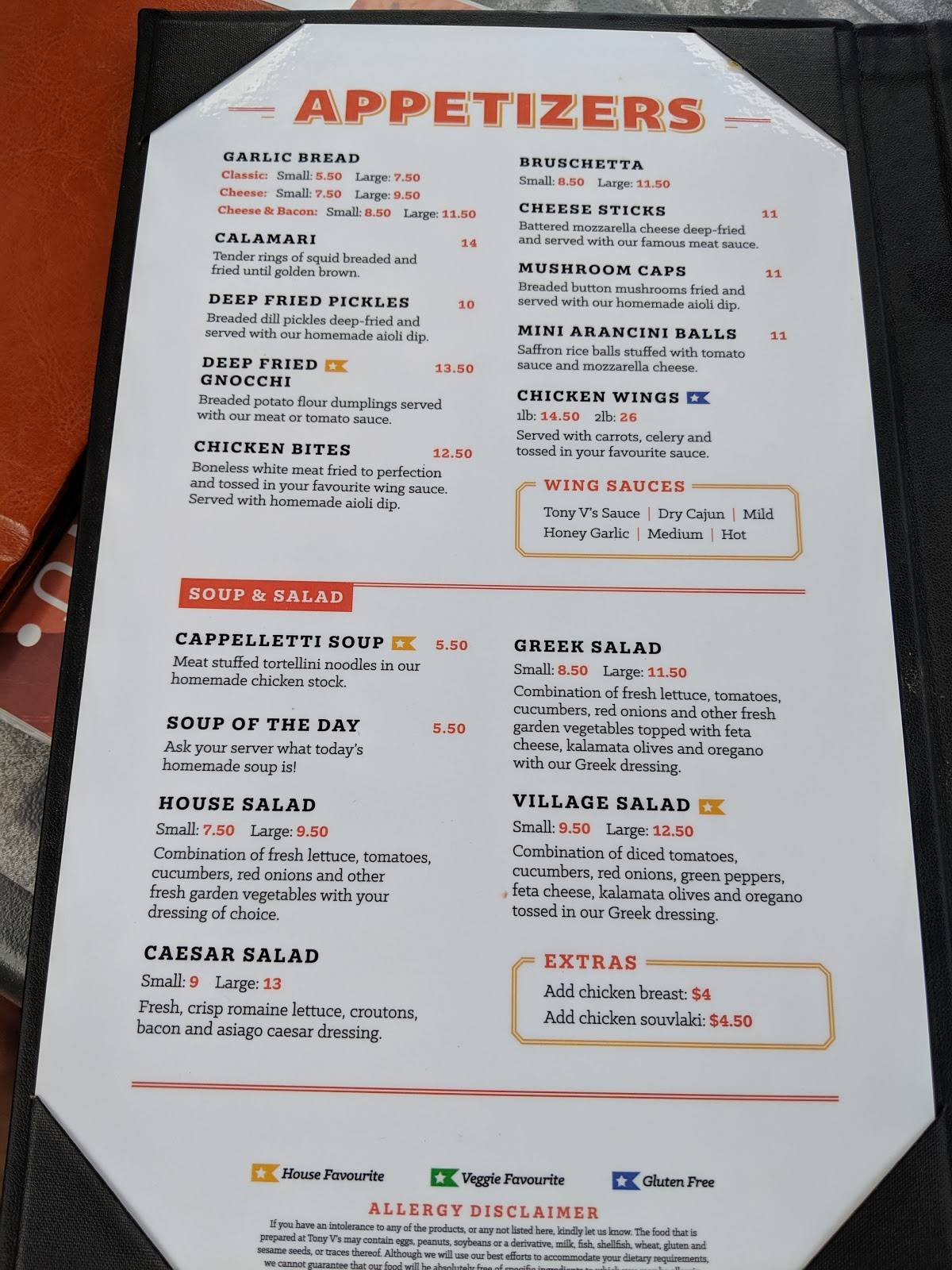 Menu at Tony V's Pizza & Restaurant, Sudbury