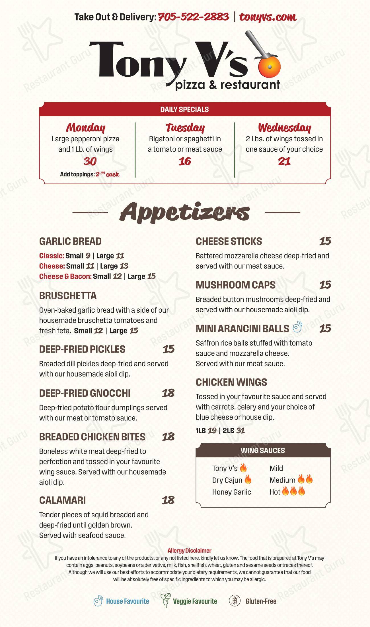 Menu at Tony V's Pizza & Restaurant, Sudbury