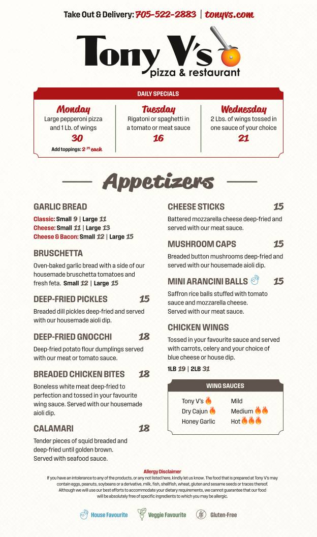 Menu at Tony V's Pizza & Restaurant, Sudbury
