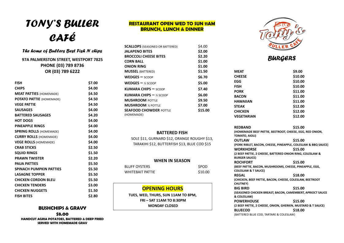 Menu at Tony's Buller Cafe, Westport