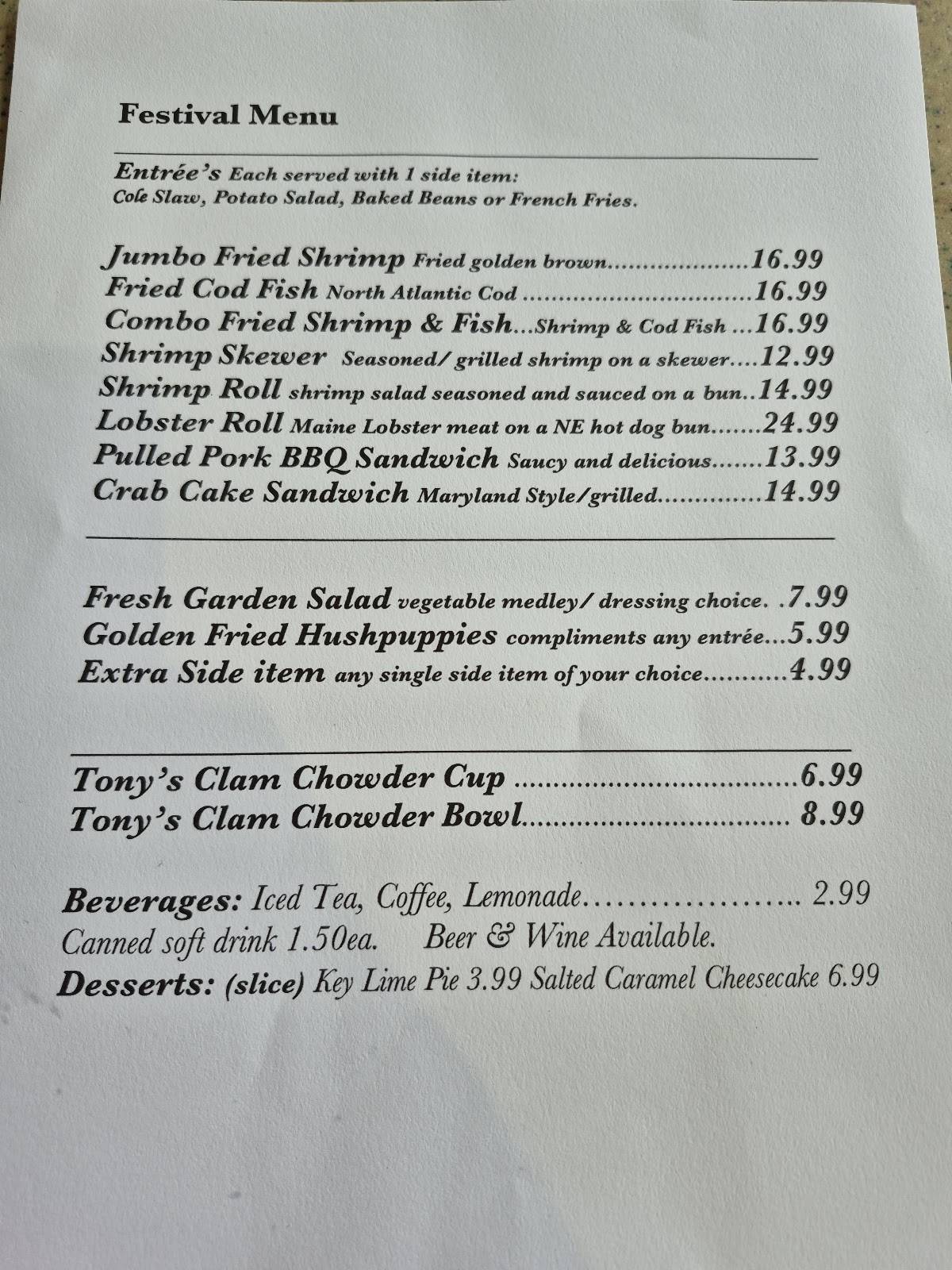 Menu at Tony’s Chowder House restaurant, Mount Dora
