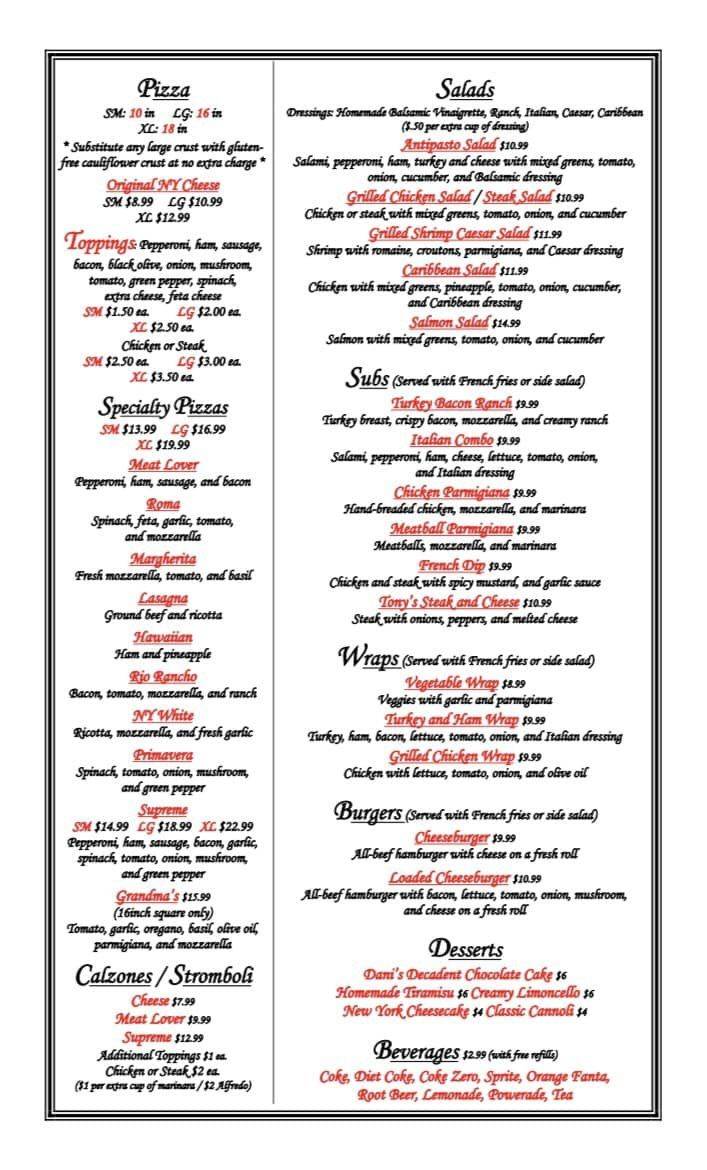 Menu at Tony’s Italian Restaurant, Starke