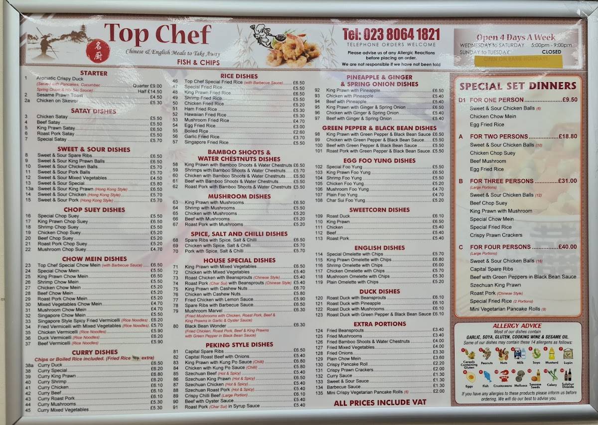 Menu at Top Chef fast food, Eastleigh