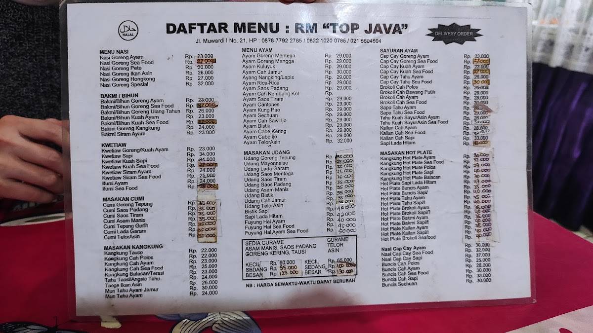 Menu at Top Java Restoran restaurant, West Jakarta