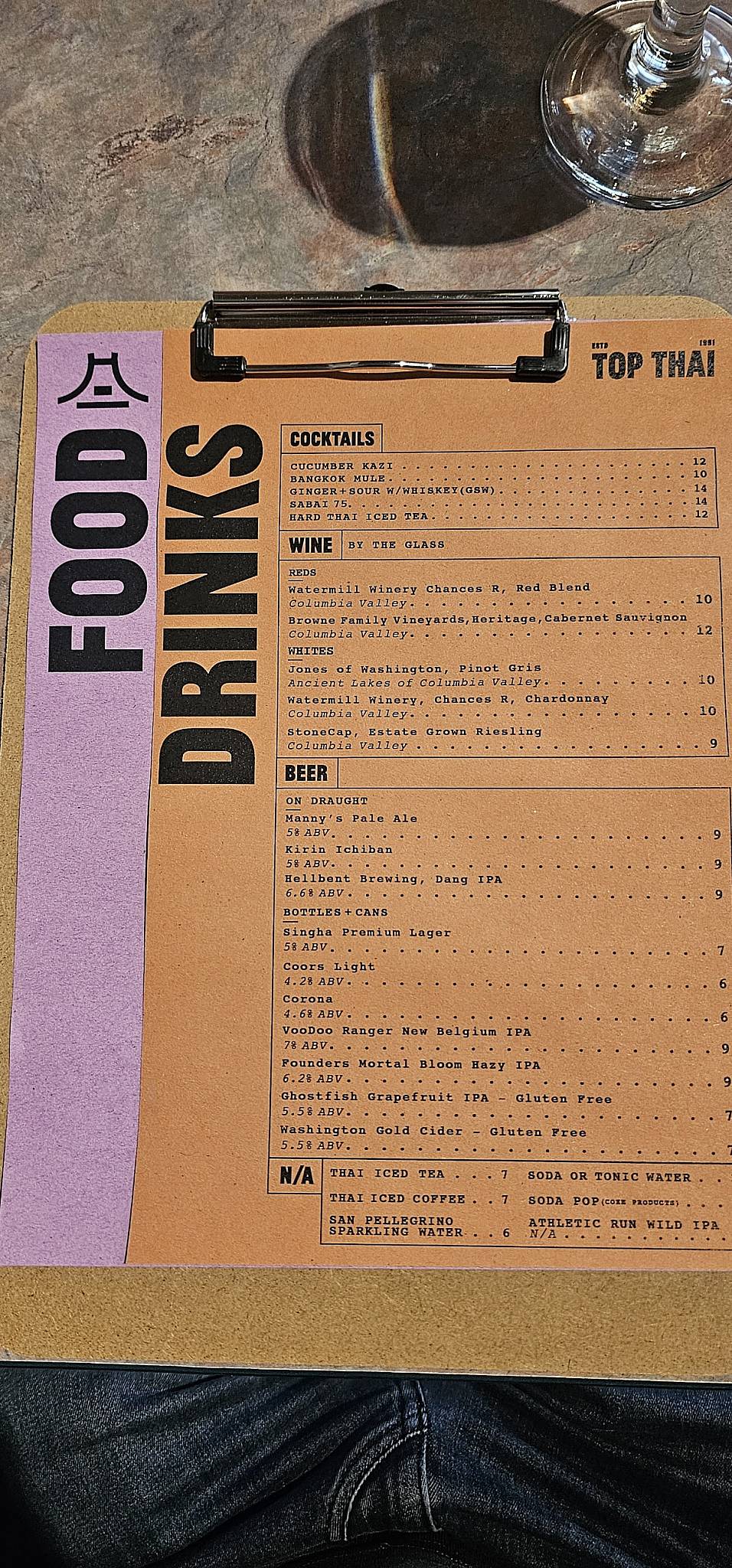 Menu at Top Thai pub & bar, Wenatchee