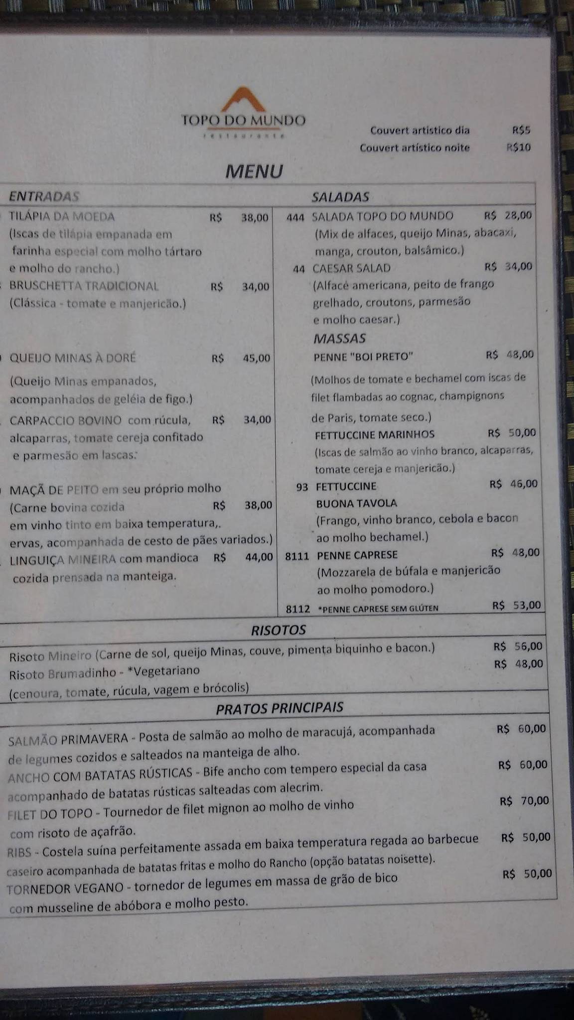 Menu at Topo do Mundo restaurant, Piedade do Paraopeba, Estr. da Serra