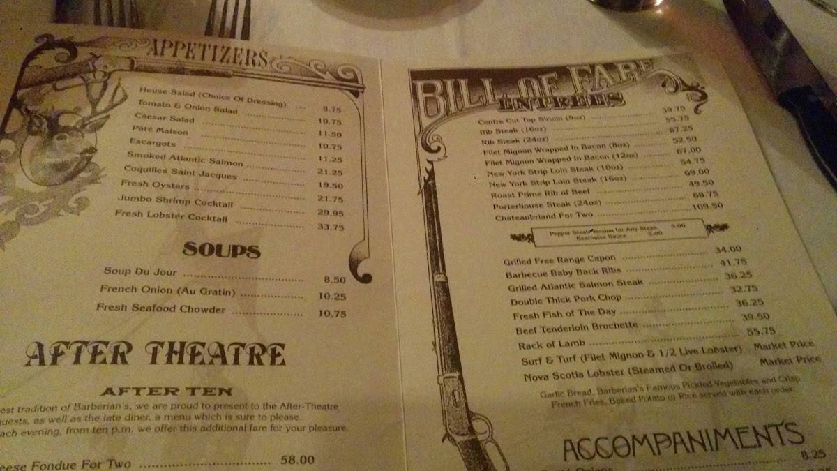 Menu at Barberian's Steak House, Toronto, 7 Elm St