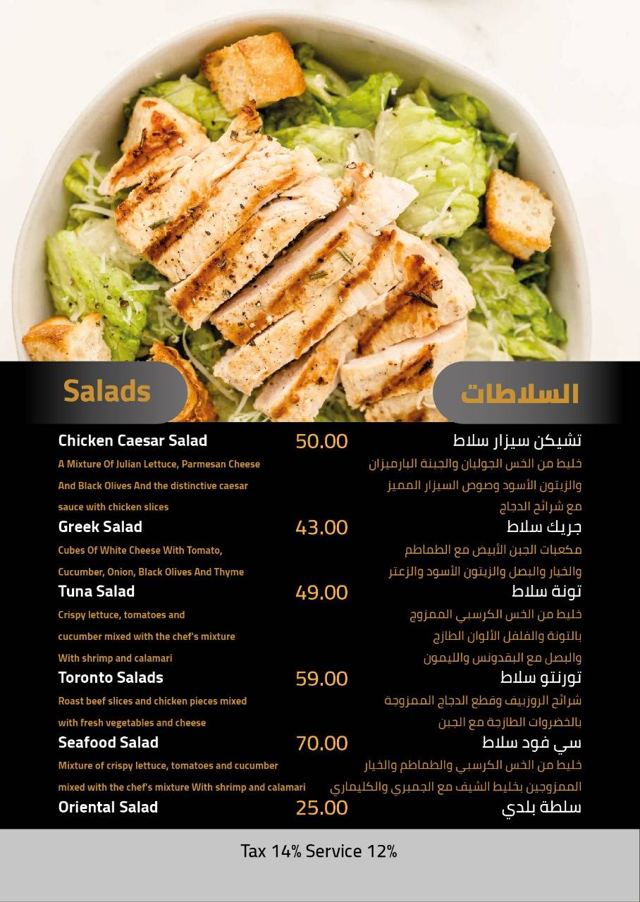 Menu at Toronto Lounge restaurant, Cairo