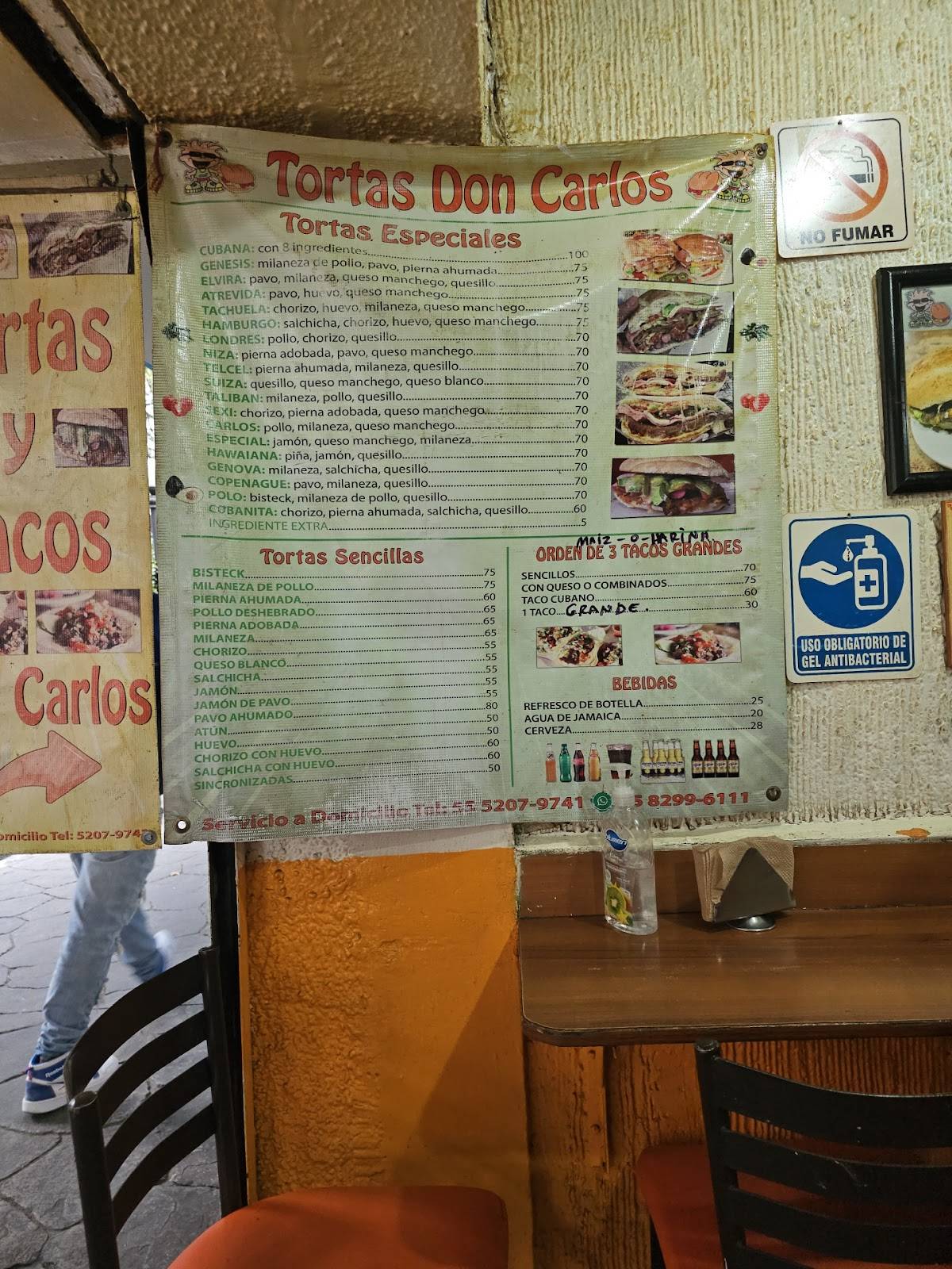 Menu at Tortas Don Carlos restaurant, Mexico City, Hamburgo 98-G-98-G