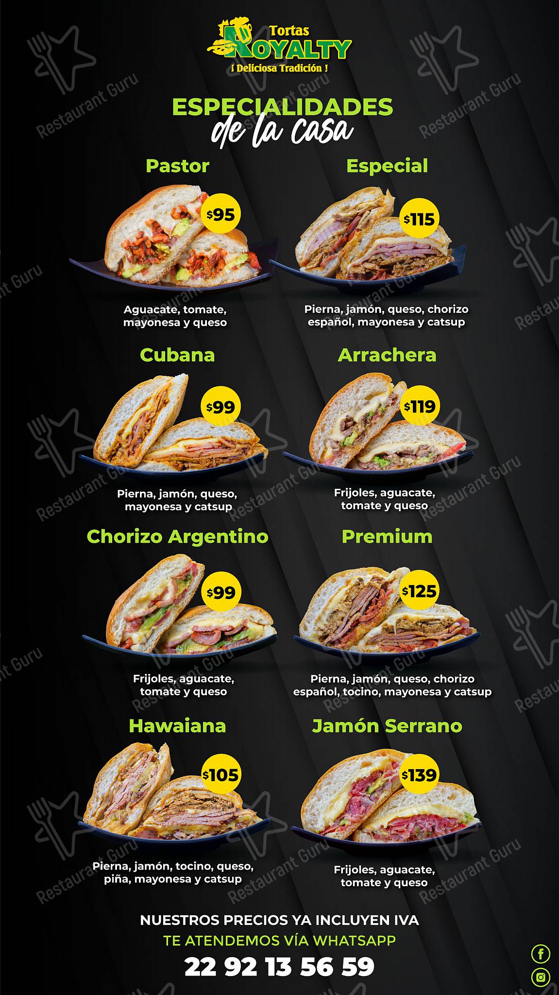 Carta del restaurante Tortas Royalty Suc. Costa del Oro, Veracruz