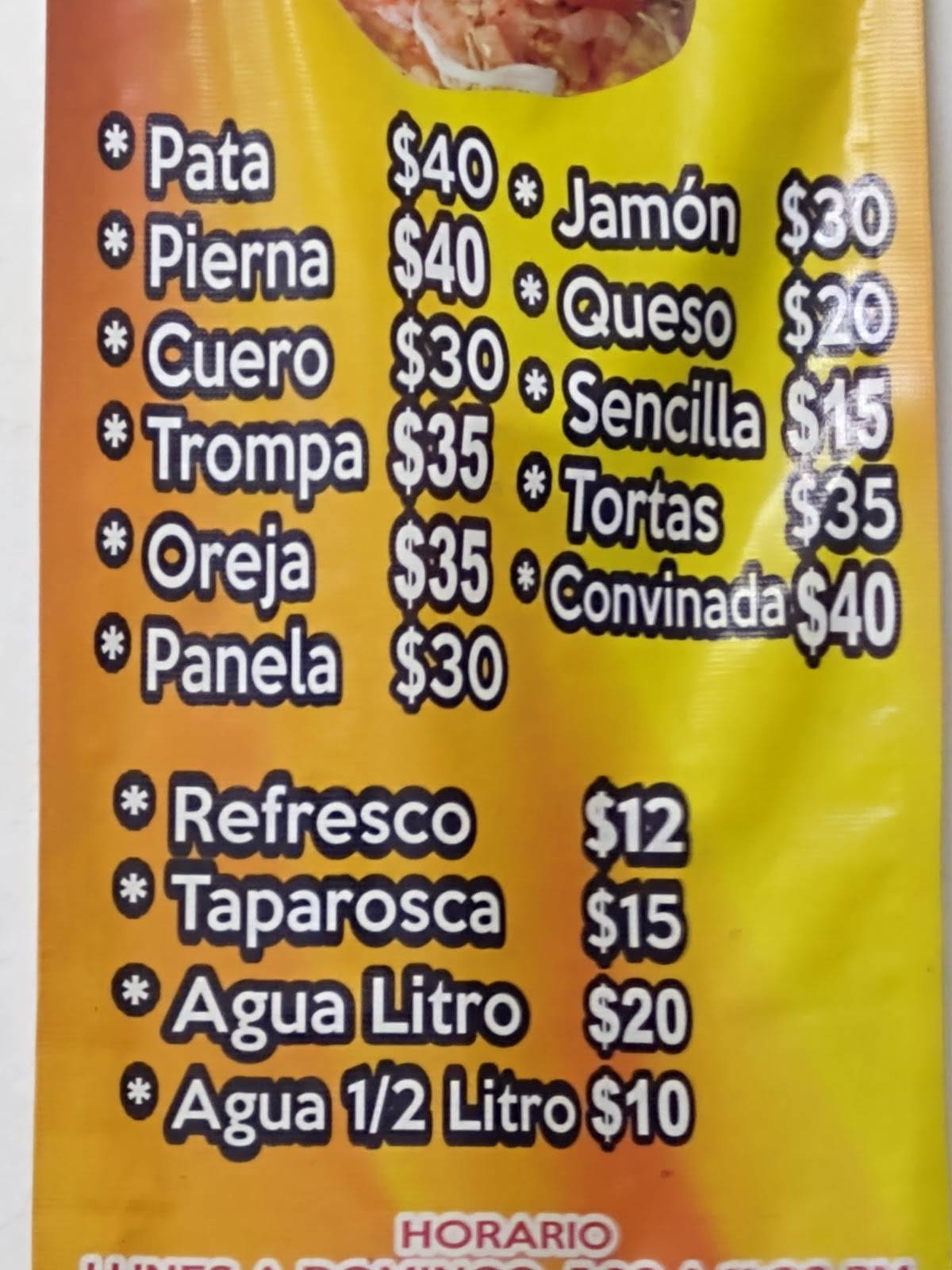 Menu at Tostadas Gigantes Robert restaurant, Guadalajara