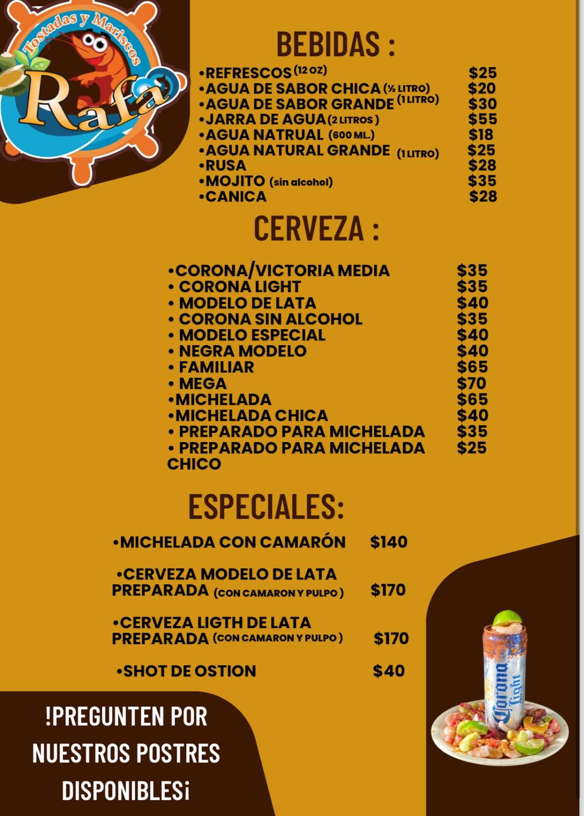 Carta del restaurante Tostadas y Mariscos Rafa, Irapuato