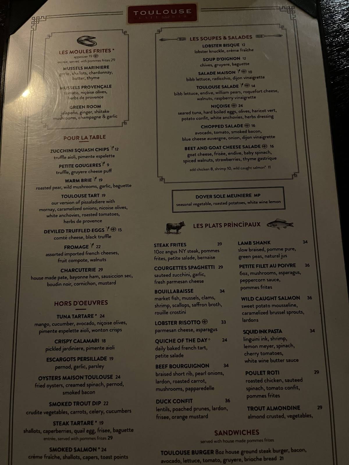 Menu at Toulouse restaurant, Dallas, Knox St