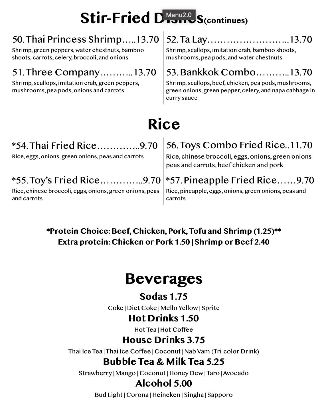 Menu at Toy’s Restaurant, Sheboygan