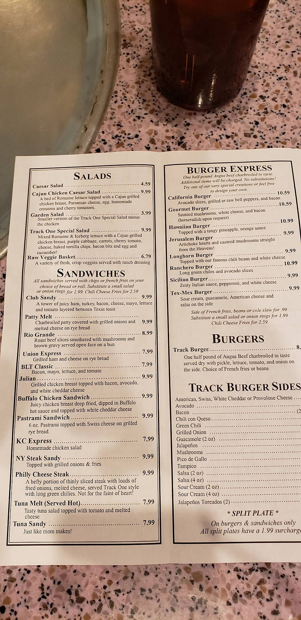 Menu at Track One restaurant, El Paso