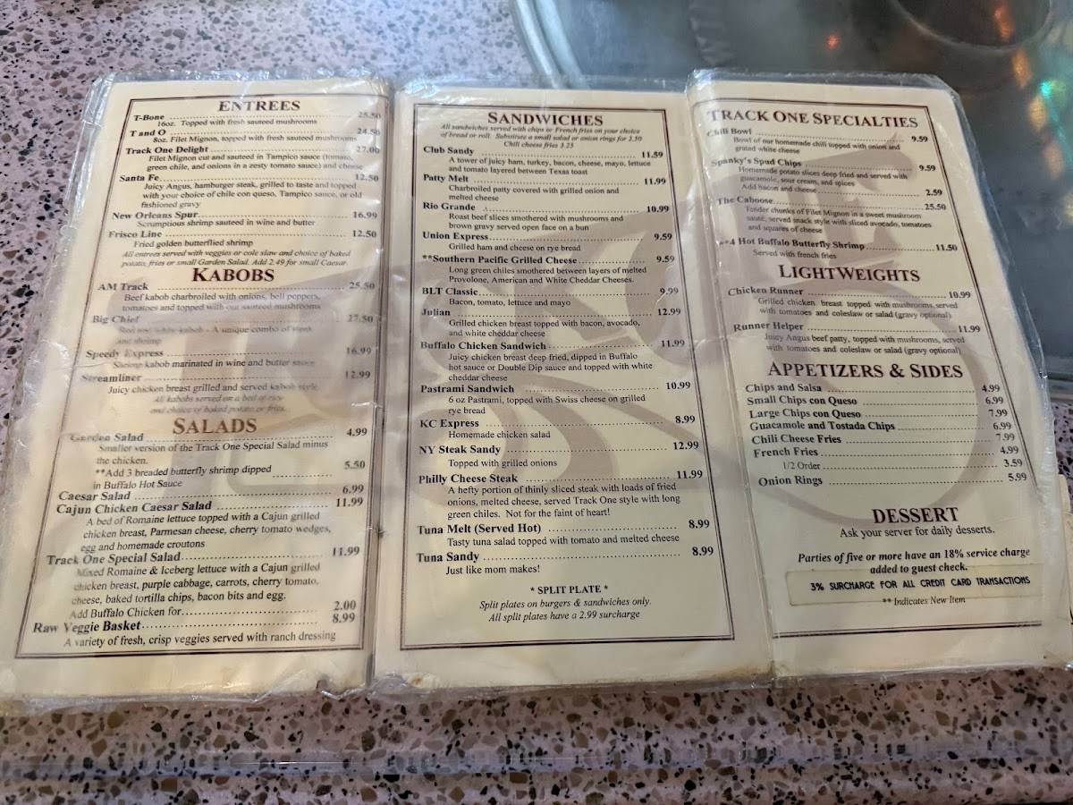 Menu at Track One restaurant, El Paso
