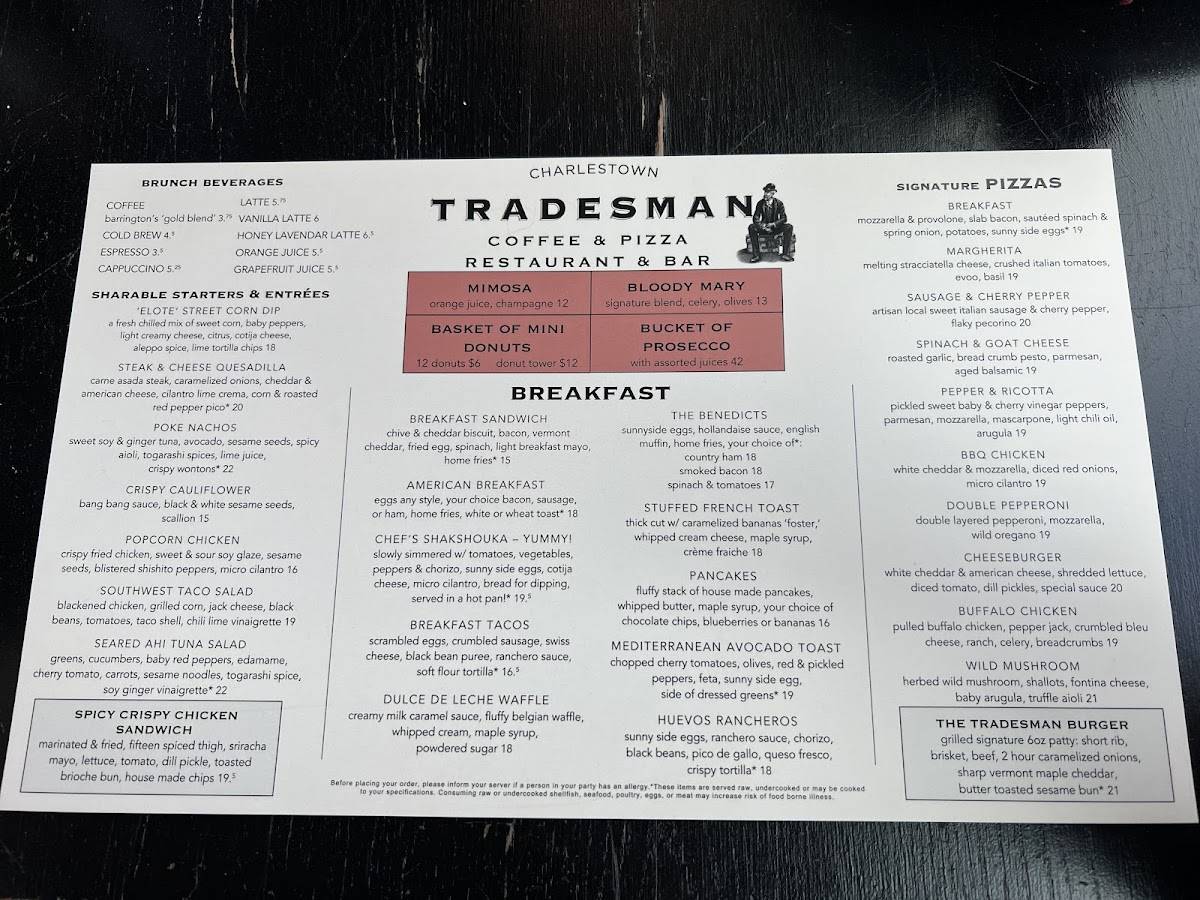 Carta de Tradesman Coffee Shop & Pizza Bar, Boston