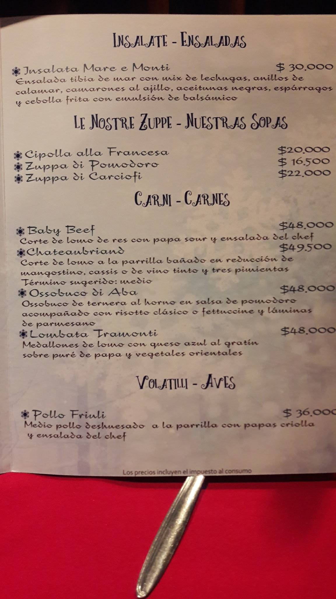 Carta de Tramonti Restaurante Pizzería, Bogotá, Cra. 1 #9350