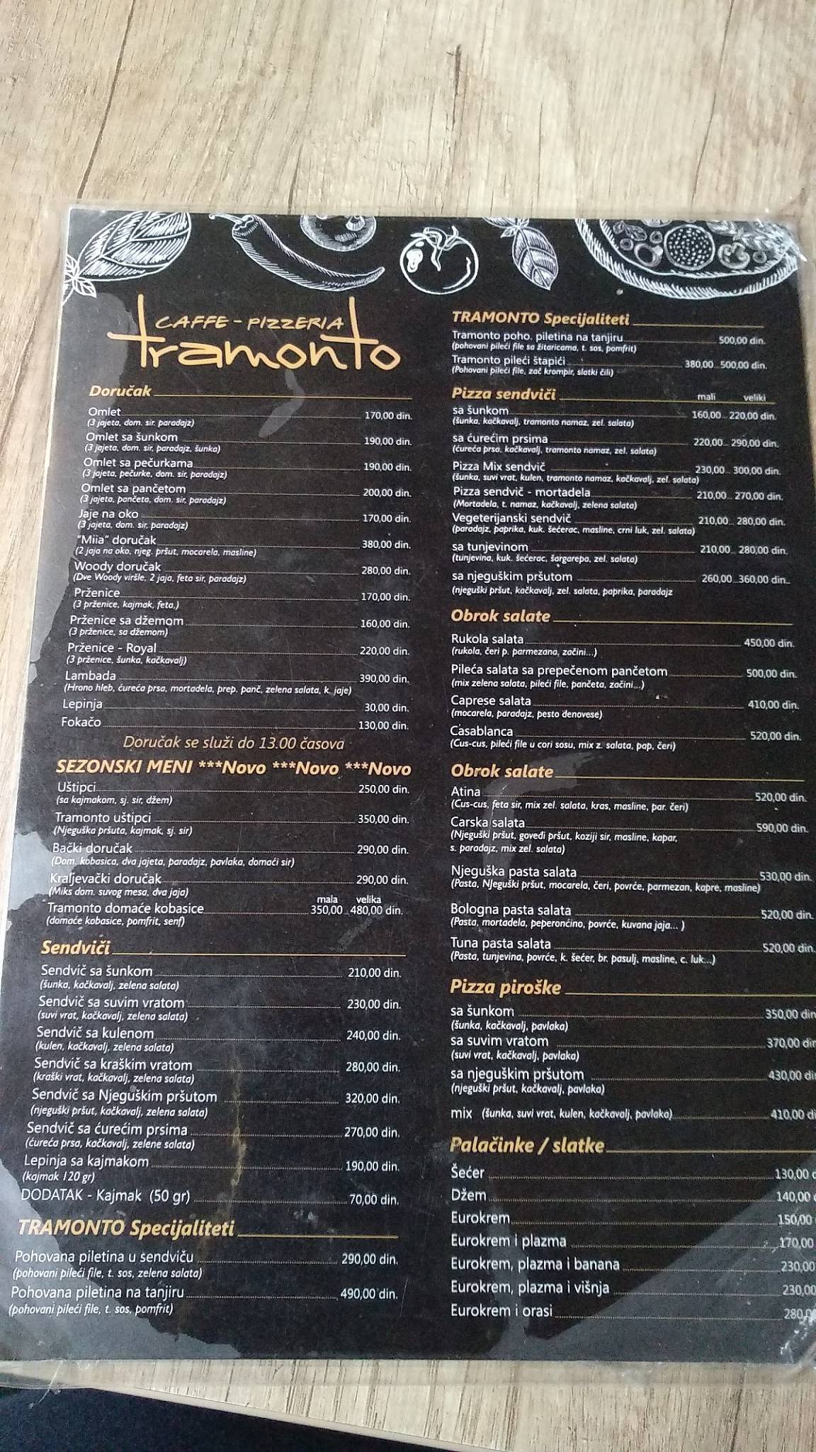 Speisekarte von Tramonto Kafe Restoran restaurant, Kraljevo