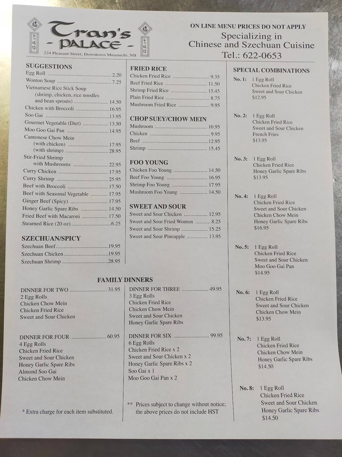 Menu at Tran's Palace Restaurant, Miramichi