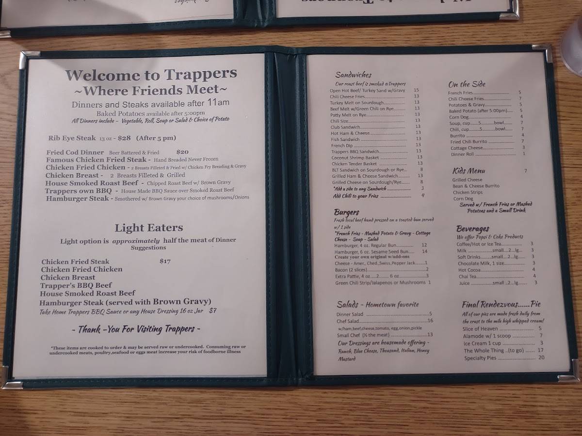 Menu at Trapper's Cafe, Taylor, 9 Main St