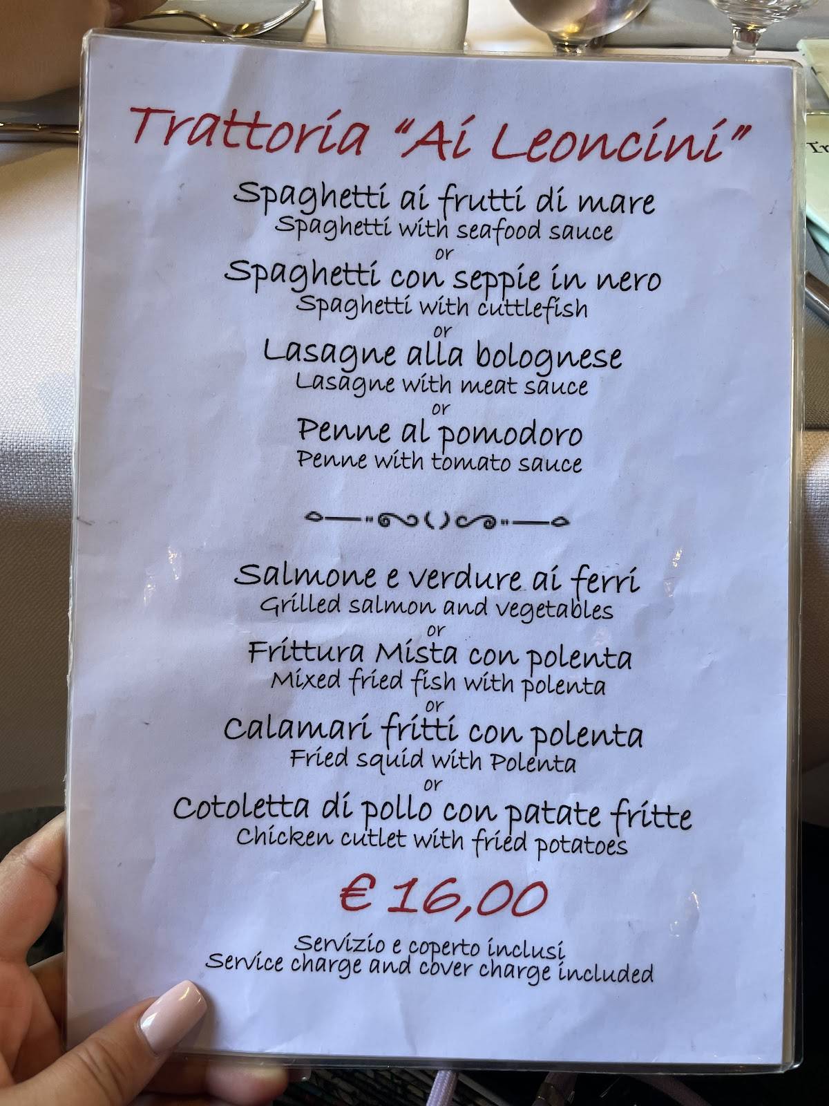 Carta de pizzería Trattoria Ai Leoncini, Venecia