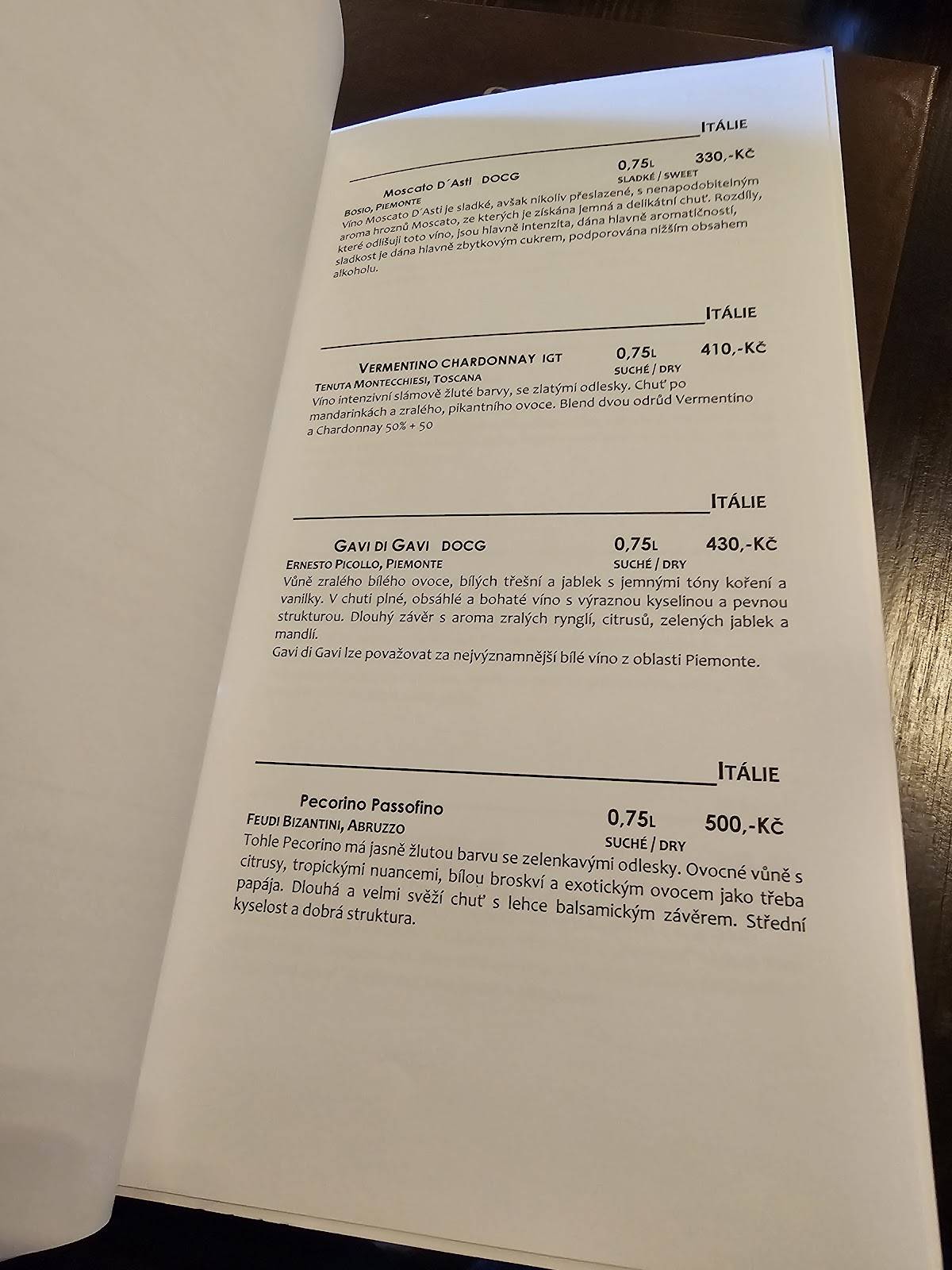 Menu at Trattoria Don Vito restaurant, Jihlava