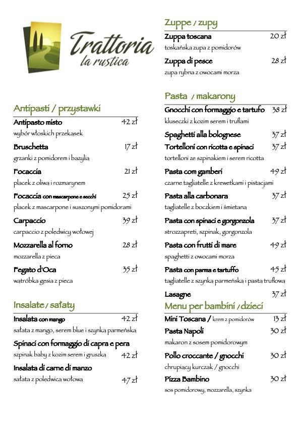 Menu at Trattoria La Rustica pizzeria, Gliwice