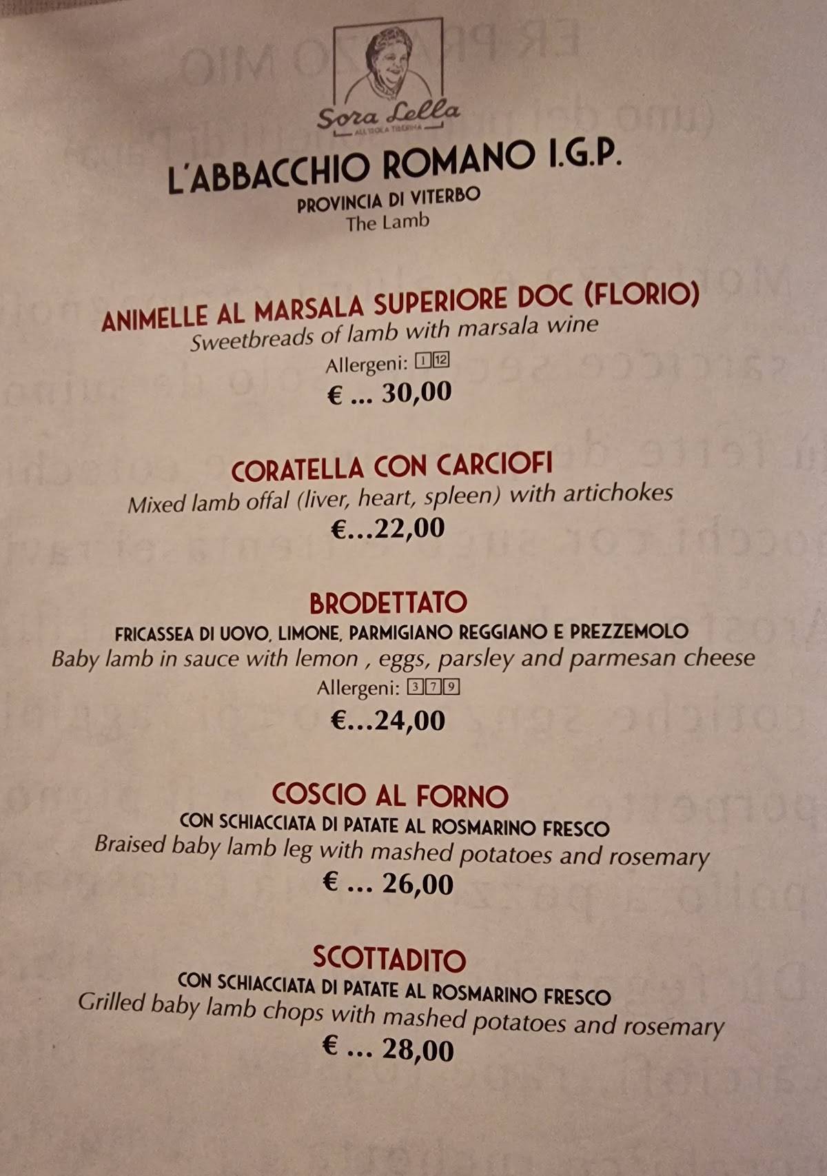 Menu da Trattoria Sora Lella ristorante, Roma, Via di Ponte Quattro capi