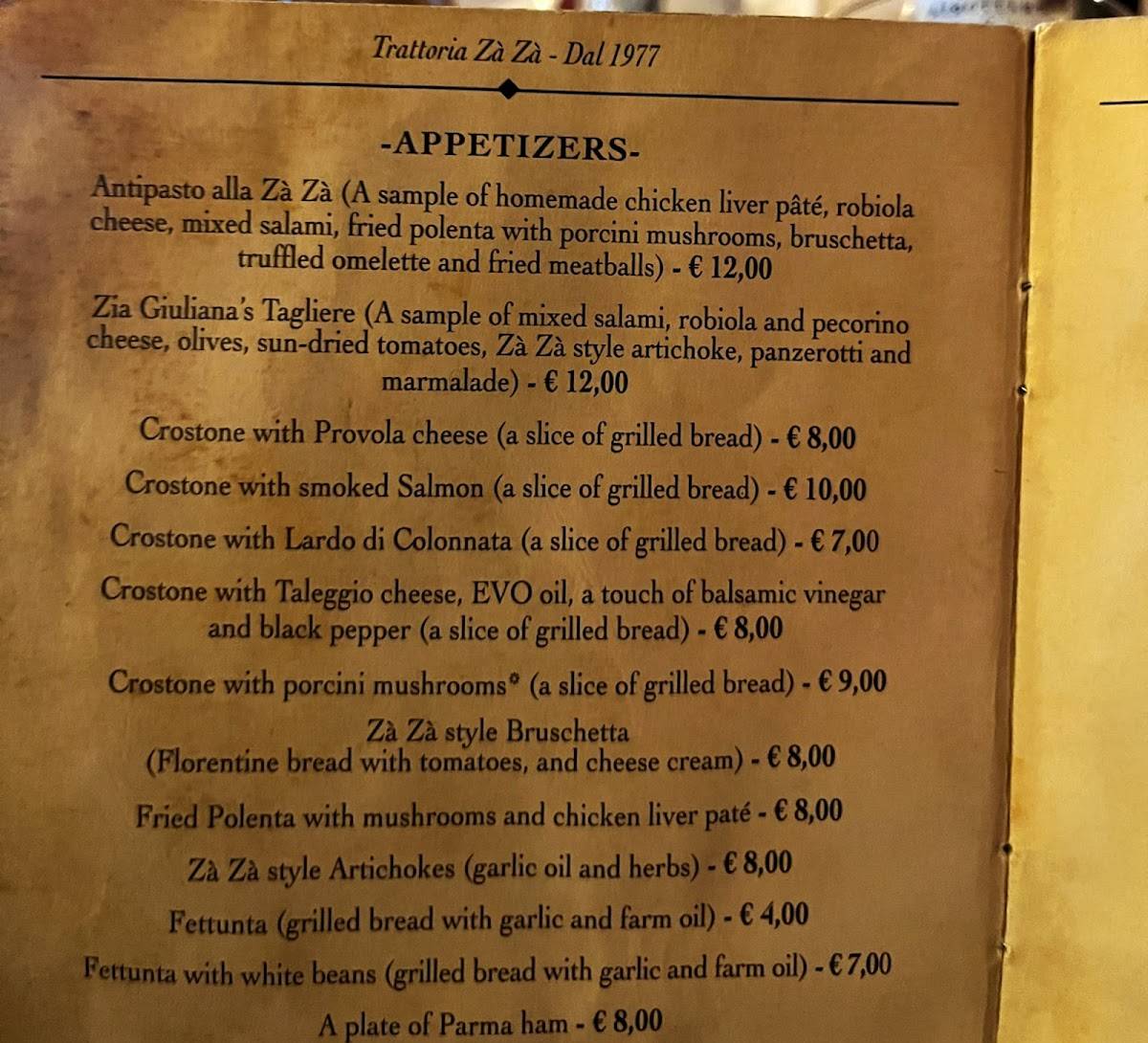Menu da Zà Zà ristorante, Firenze, Piazza del Mercato Centrale