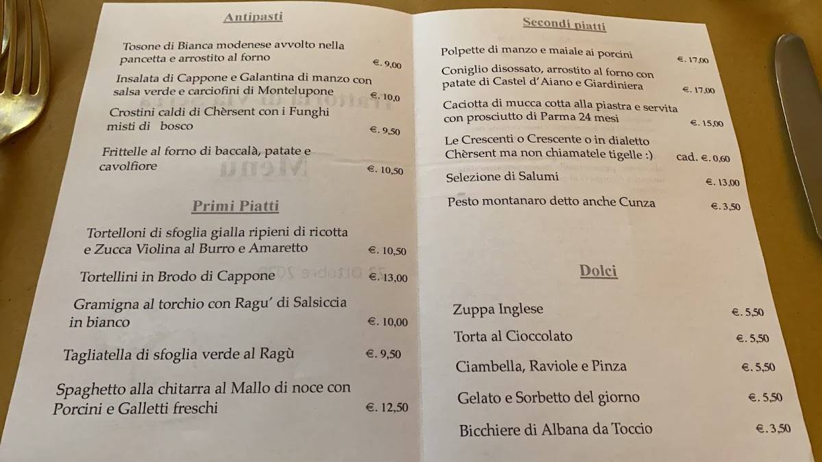 Menu at Trattoria di Via Serra restaurant, Bologna, Via Luigi Serra