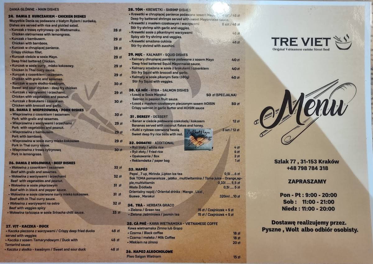 Menu at Tre viet restaurant, Kraków