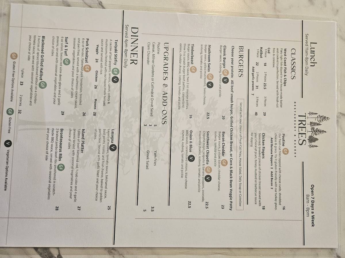 Menu at Trees Diner restaurant, Parksville