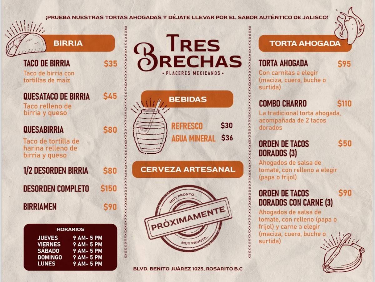 Menu at Tres Brechas restaurant, Rosarito