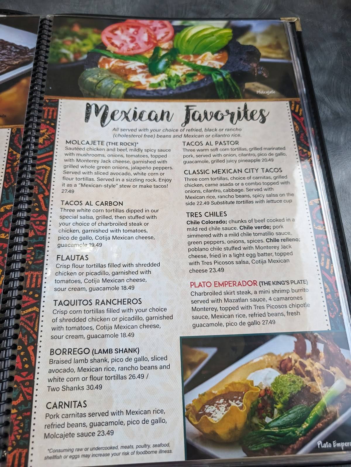 Menu at Tres Chiles Picosos restaurant, Eureka