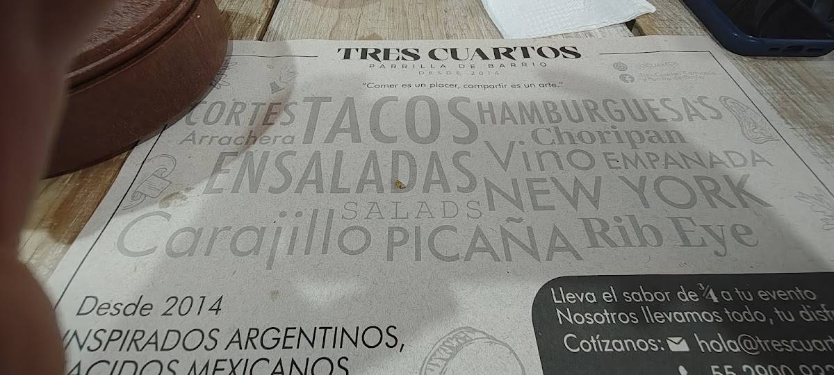 Carta de Tres Cuartos Carniceria y Parrilla, Ciudad de México, Av. José ...
