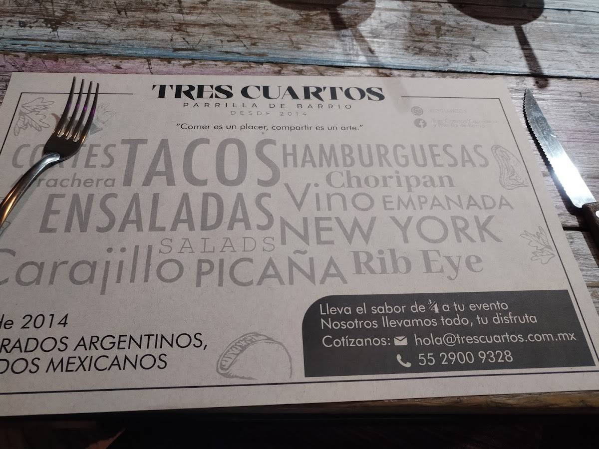 Carta de Tres Cuartos Carniceria y Parrilla, Ciudad de México, Av. José ...