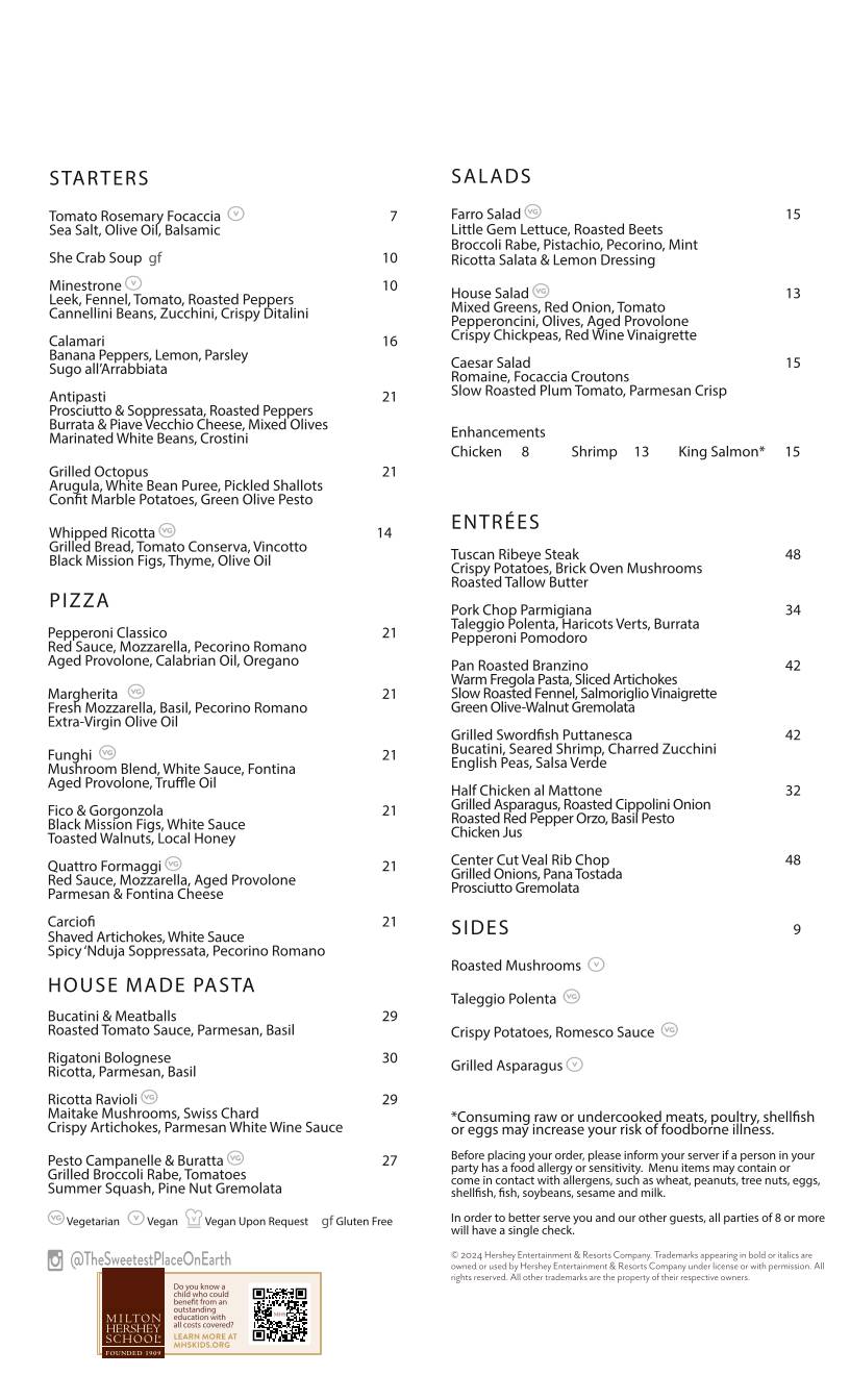 Menu at Trevi 5 at The Hotel Hershey restaurant, Hershey, 100 Hotel Rd