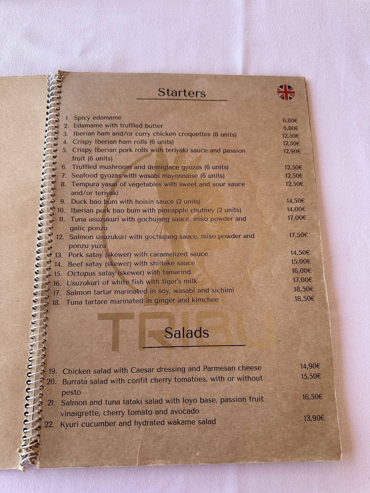 Menu at Tribu Meloneras restaurant, Maspalomas