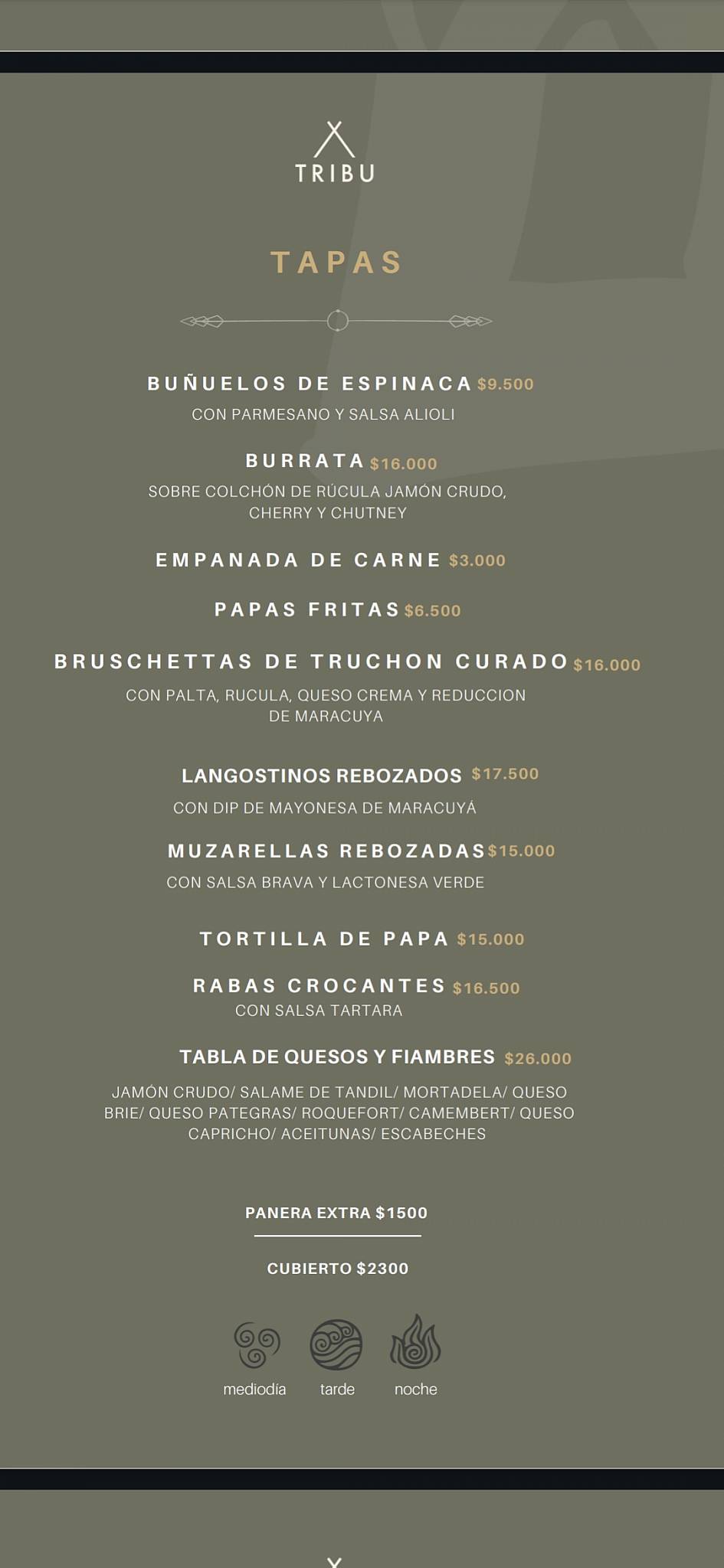 Carta del restaurante Tribu San Isidro, Martínez